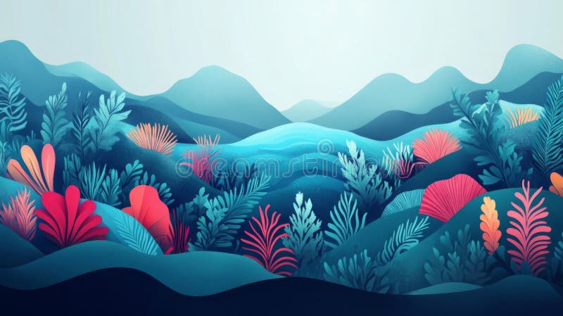 Teal and Aqua Landscape Illustration with Lush Foliage and Rolling ...