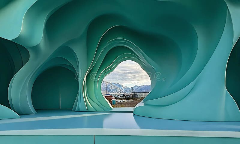 Teal Architectural Waves Form a Modern Outdoor Stage with a Scenic View ...