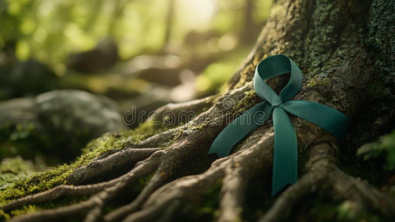 Teal Awareness Ribbon at Tree Base in Forest Stock Illustration ...