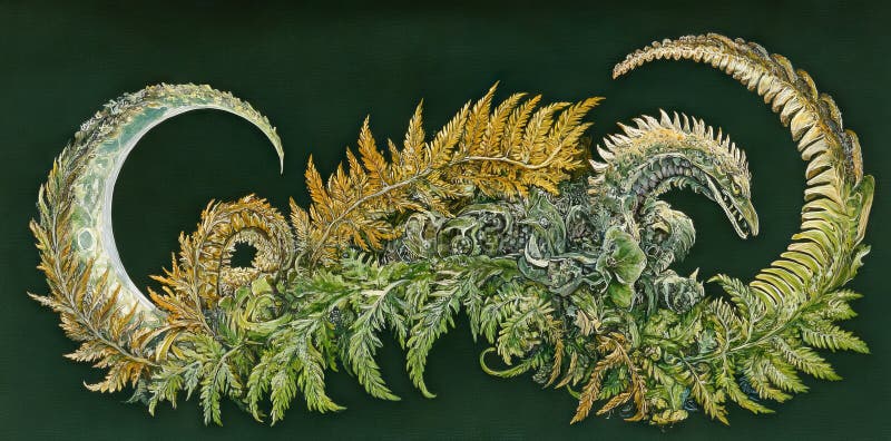 A Teal Background Features a Moon Triptych and Golden Fern Leaves Stock ...