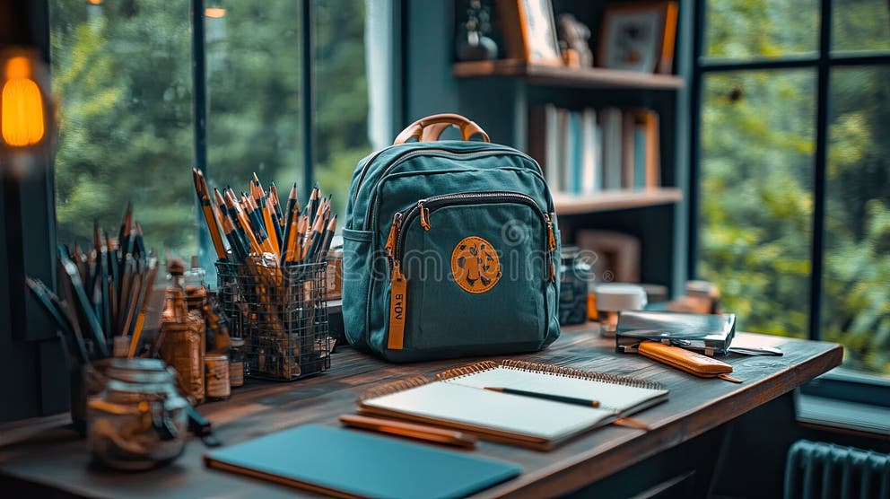 Teal Backpack, Art Supplies, Study Desk, Window View Stock Illustration ...