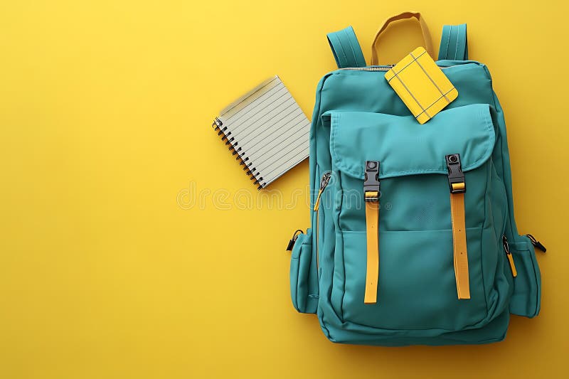 Teal Backpack with Notebooks on a Yellow Surface, Stylish Student ...