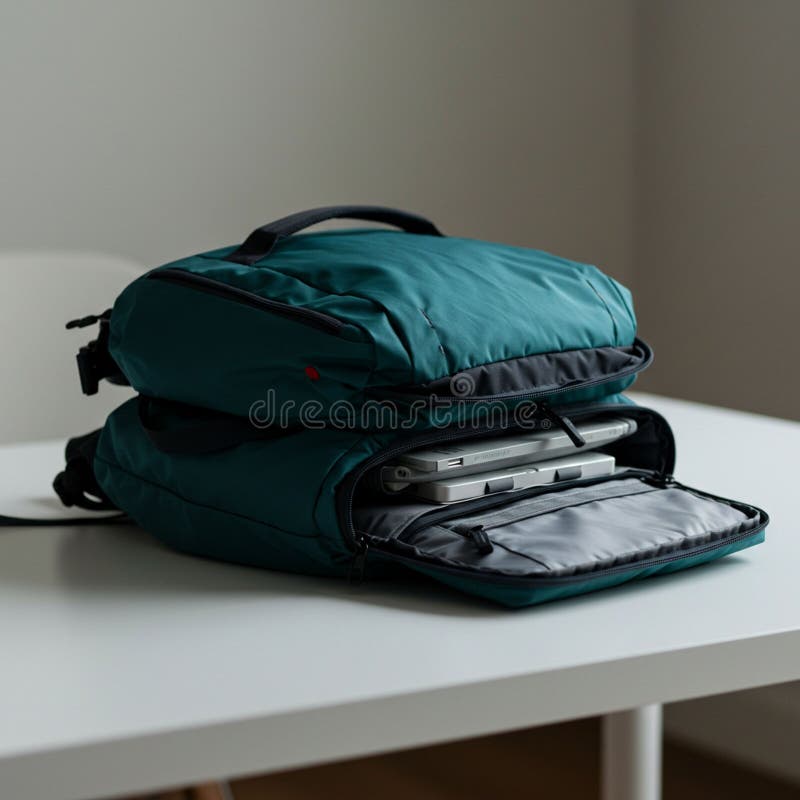Teal Backpack on a White Table, Slightly Open To Reveal a Laptop Inside ...