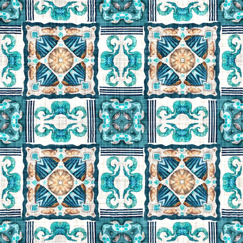 Teal Beach House Coastal Style Patchwork Pattern Tile. Modern Nantucket ...