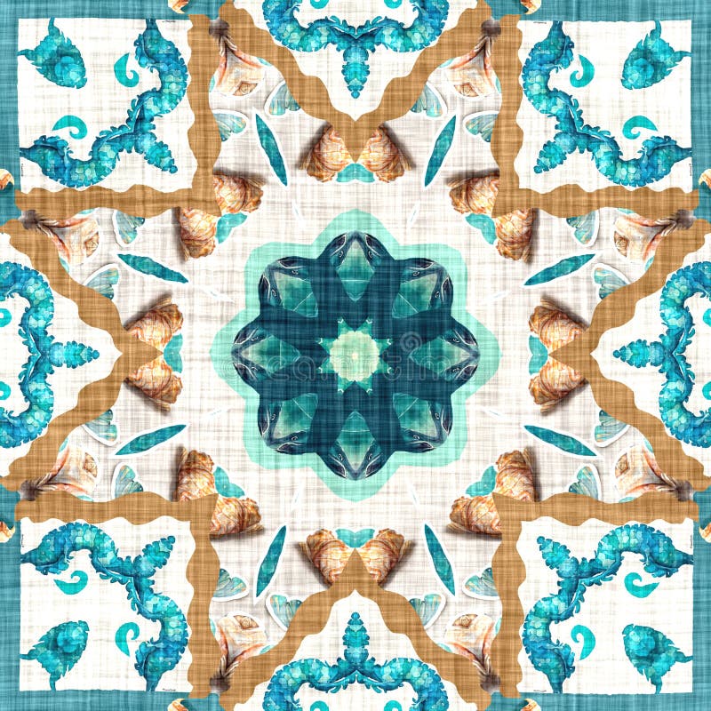 Teal Beach House Coastal Style Patchwork Pattern Tile. Modern Nantucket ...