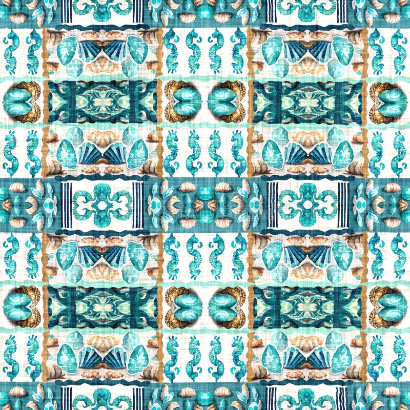 Teal Beach House Coastal Style Patchwork Pattern Tile. Modern Nantucket ...