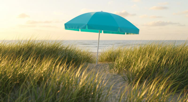 Teal Beach Umbrella Amidst Golden Beach Grass Stock Illustration ...