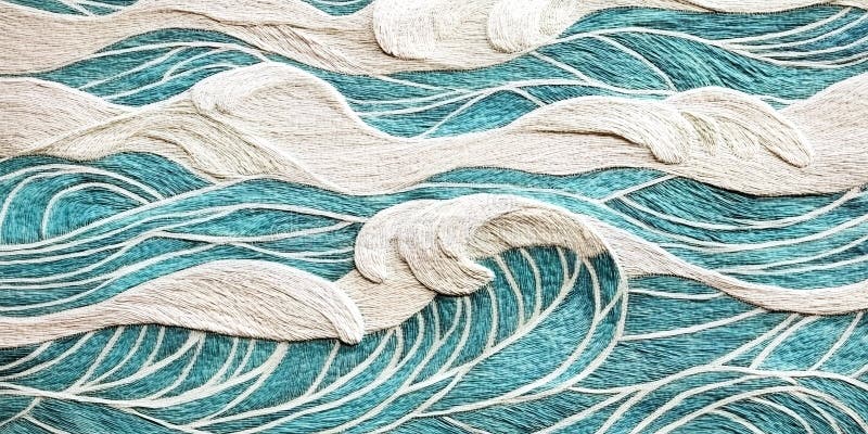 Teal Beige Thread Embroidery Ocean Waves Textile Art Abstract Sea ...