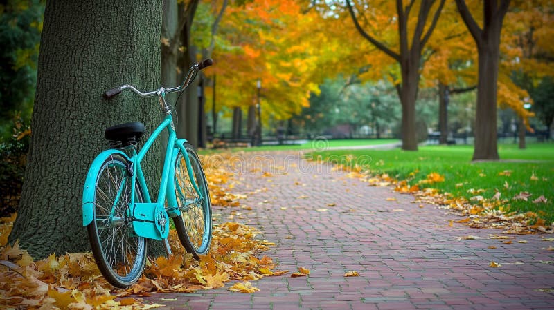 Teal Bicycle Leaned Against Tree on Autumn Brick Path Fall Foliage ...