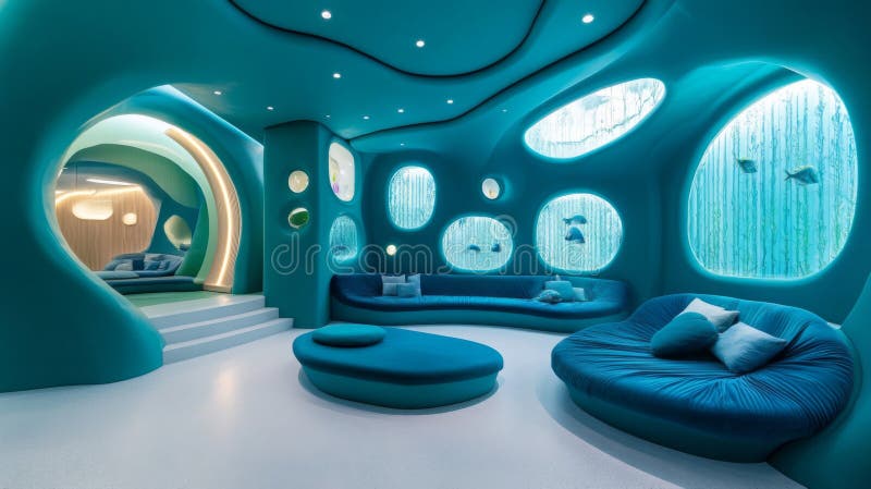 Teal and Blue Modern Room Interior Design with Fish Aquariums Stock ...