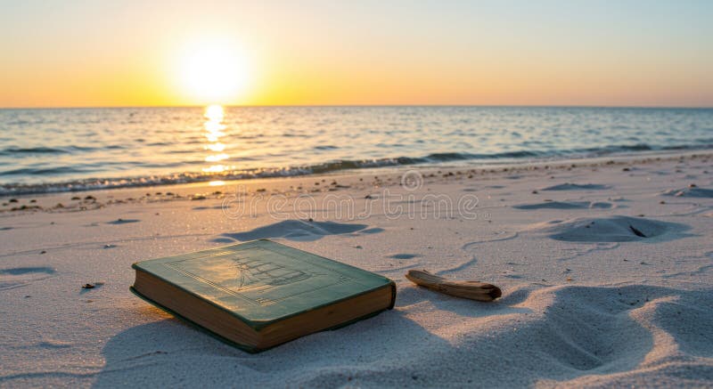 Teal Book on Sandy Beach at Sunset Stock Illustration - Illustration of ...