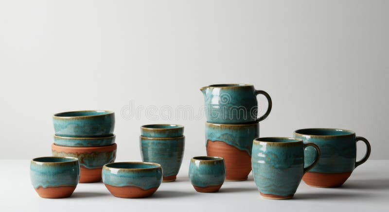 Teal and Brown Ceramic Pottery Collection on White Background Stock ...