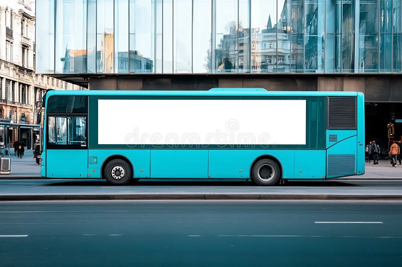 Teal Bus with Blank Side Advertisement in City Stock Illustration ...