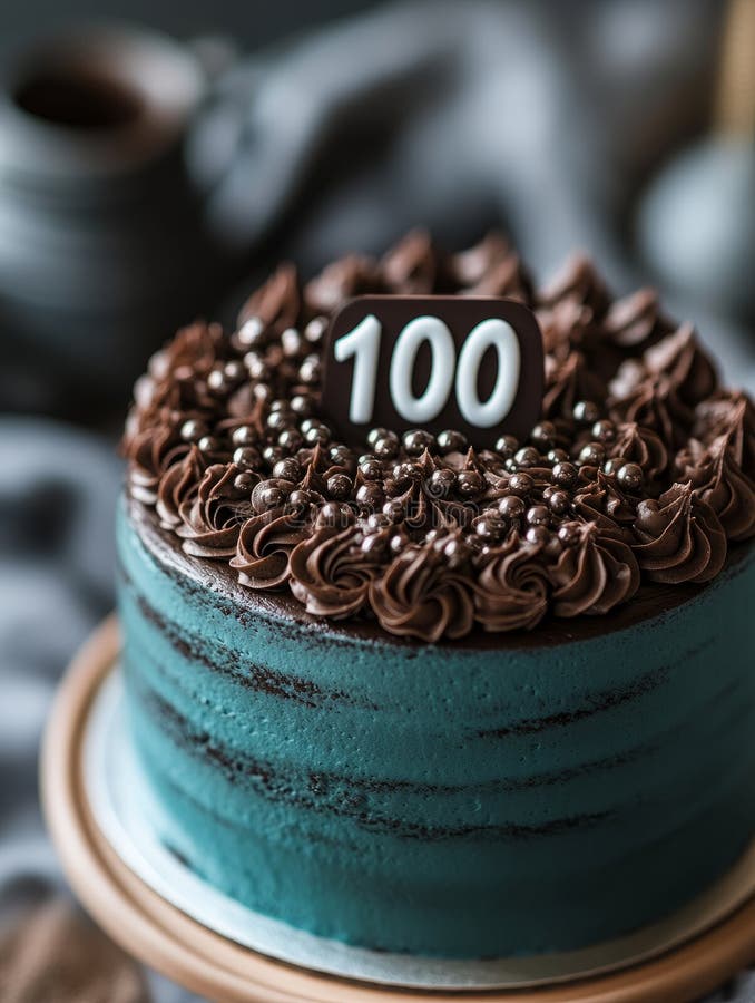 Teal Cake with Chocolate Topping and a 100 Decoration. Stock Photo ...