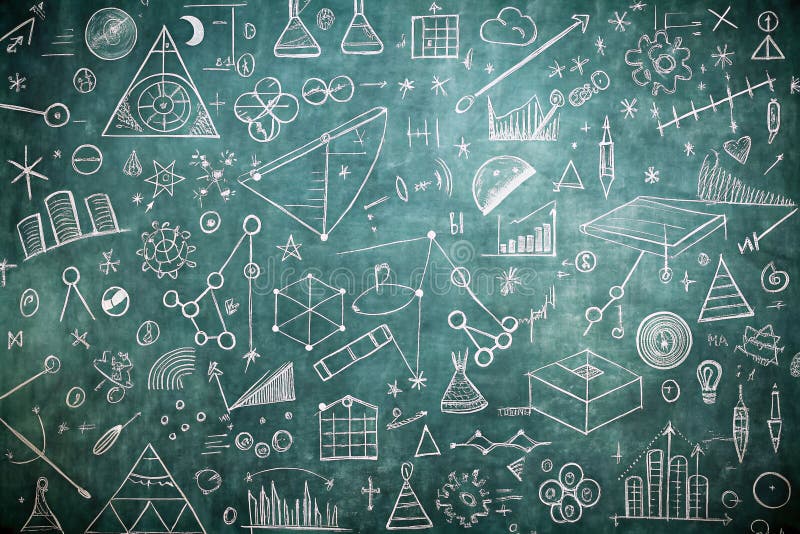 A Teal Chalkboard Densely Filled with Hand-drawn Scientific, Mathematical, and Engineering ...