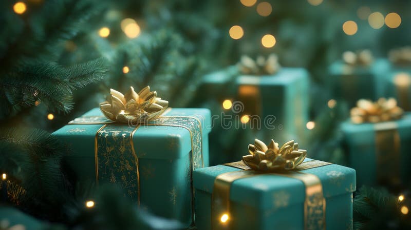 Teal Christmas Gifts Underneath Festive Lights Stock Illustration ...
