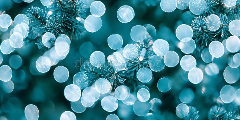 Teal Christmas Tree Branches with Bokeh Lights Festive Background Stock ...