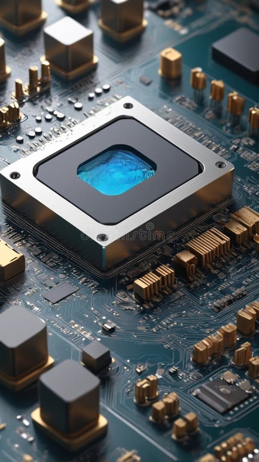 Teal Circuit Board with Central Silver Fingerprint Sensor Component ...