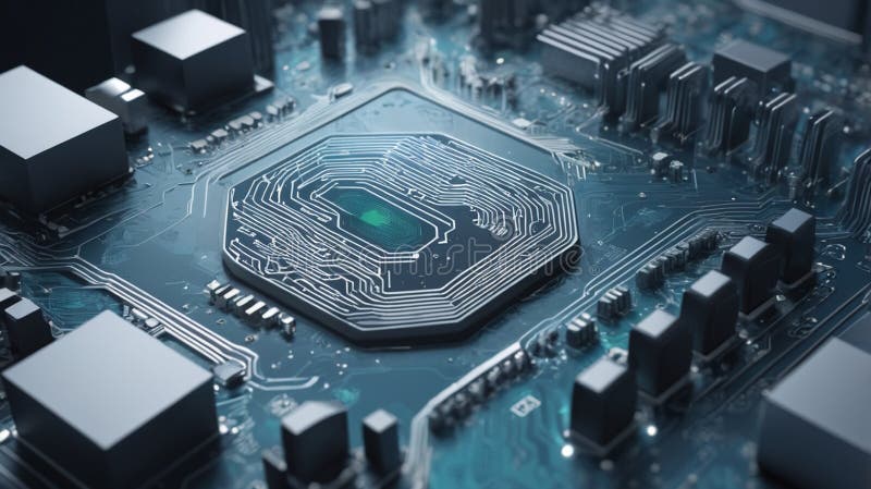 Teal Circuit Board Closeup Showing Central Processing Unit Octagonal ...