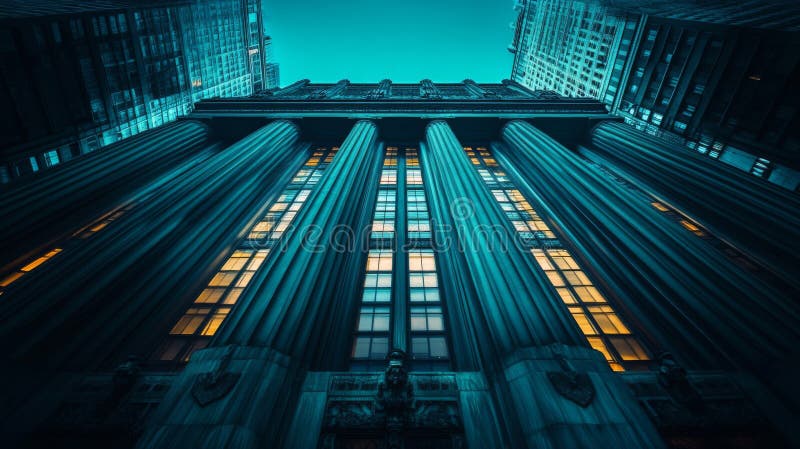 Teal City Building Facade at Night Stock Illustration - Illustration of ...