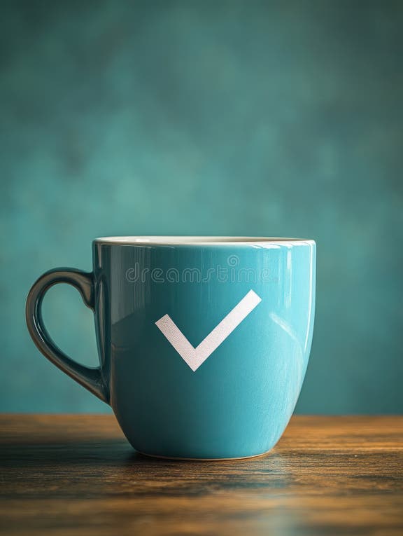 Teal Coffee Cup with Check Mark on a Wooden Table. Stock Image - Image ...