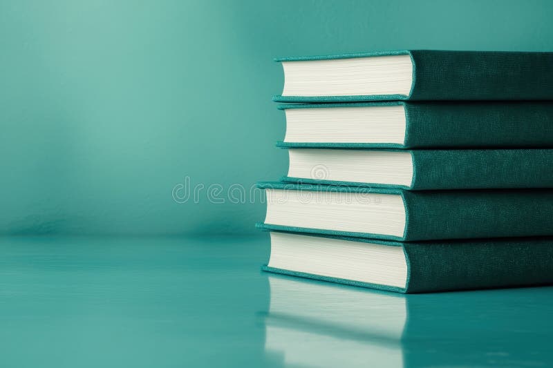 Teal-colored Books Stacked on Teal Surface. Stack of Books Shows Spines ...