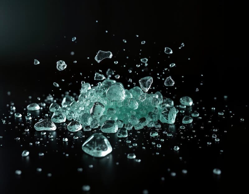 Teal Colored Glass Shards Scattered on Black Surface. Glass Fragments ...