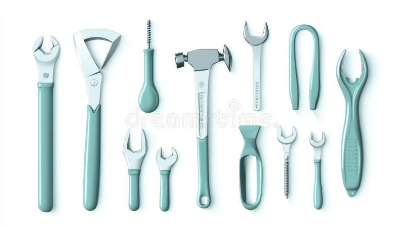 Teal 3D Render of Assorted Tools, Wrenches, Hammer, and More Stock Illustration - Illustration ...