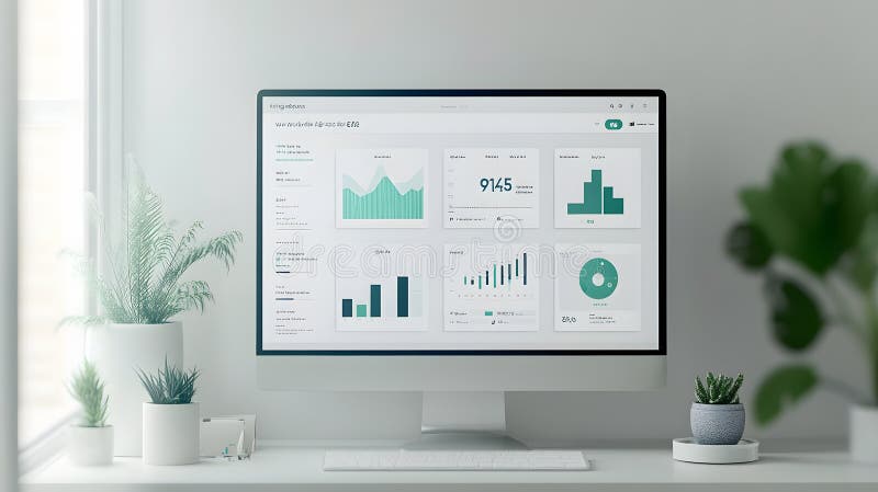 Teal Data Graphs on Modern Computer Screen in Bright Workspace Stock ...