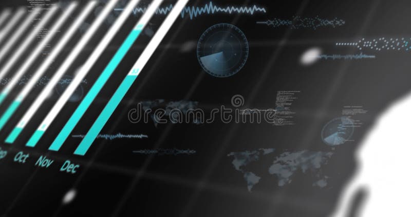 Teal Diagonal Bar Chart Animating on Dark Grid, Showing World Map, Radar, Code Snippets ...