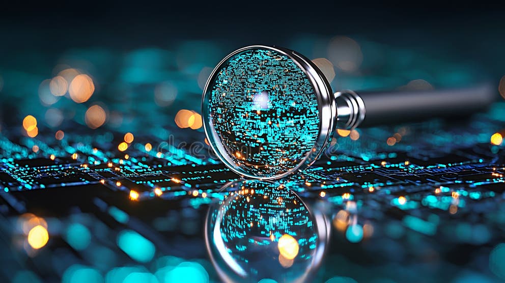 Teal Digital Data Under Magnifying Glass Abstract Tech Background Stock ...