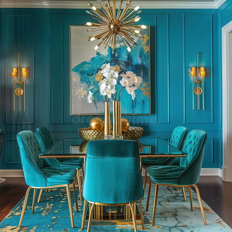 Teal Dining Room, Gold Accents, Modern Art Stock Photo - Image of ...