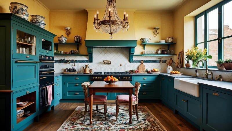 Teal Eccentric Kitchen with Elegant Cabinetry, Dining Table, Natural ...