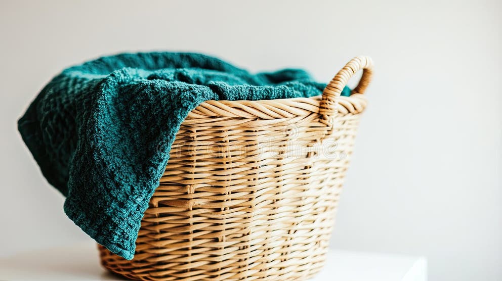 Teal Fabric in Wicker Laundry Basket Stock Illustration - Illustration ...