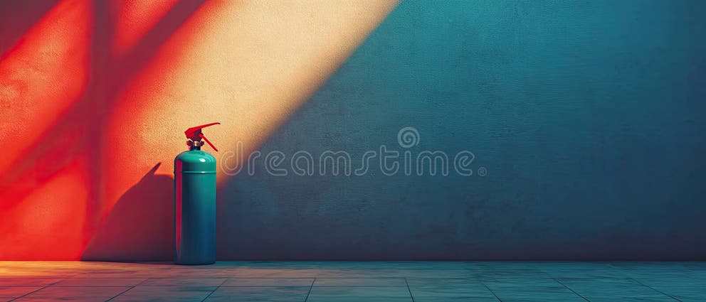 "TEAL FIRE EXTINGUISHER AGAINST WALL with RED and BLUE LIGHTS" Stock ...