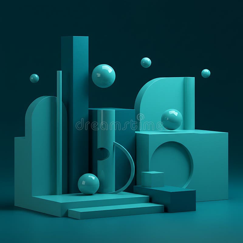 Teal Geometric Still Life with Spheres and Arches on a Dark Background ...
