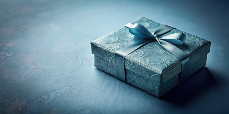 A Teal Gift Box with an Embossed Pattern and a Satin Ribbon, Sitting on ...