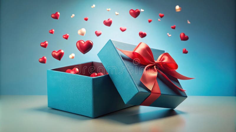 A Teal Gift Box Overflowing with Love Hearts Float from Its Open Lid, a ...