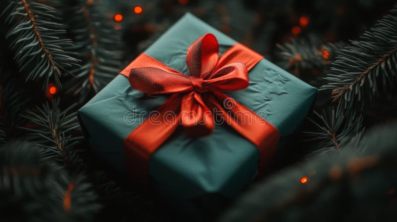 Teal Gift Box with Red Bow Nestled in Pine Branches Stock Illustration ...