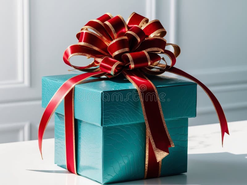 Teal Gift Box with Red and Gold Bow - Close Up Stock Photo - Image of ...