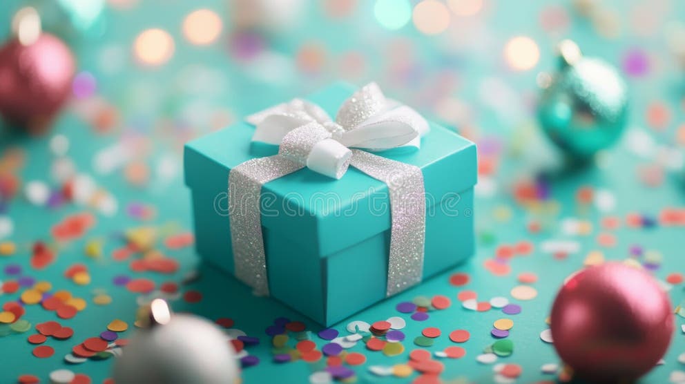 Teal Gift Box with Silver Bow and Confetti on Turquoise Background ...