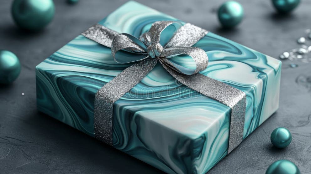 Teal Gift Box with Silver Glitter Bow Stock Illustration - Illustration ...