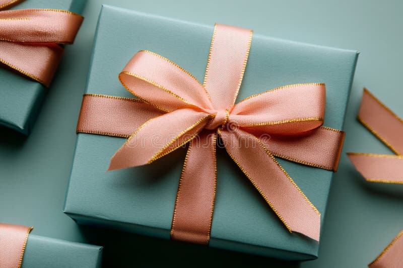 Teal Gift Box Wrapped with a Peach Satin Ribbon Bow Arranged in a Flat ...