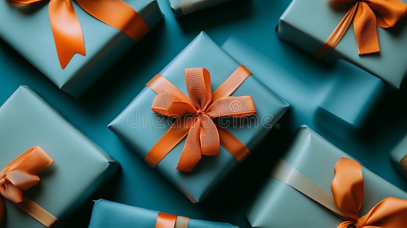 Teal Gift Boxes with Orange Ribbons Arranged on Blue Background Stock ...