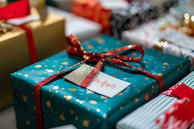 Teal Gift Wrapped with Red Ribbon and Gold Accents Stock Illustration ...