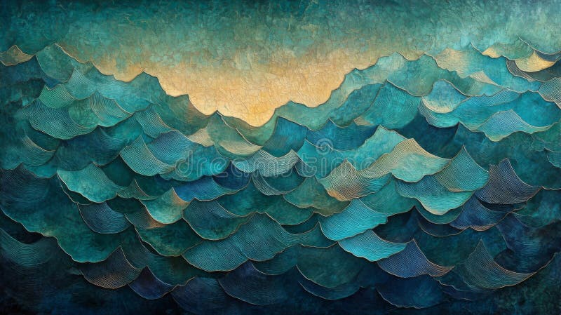 Teal and Gold Abstract Wave Pattern Painting Stock Illustration ...