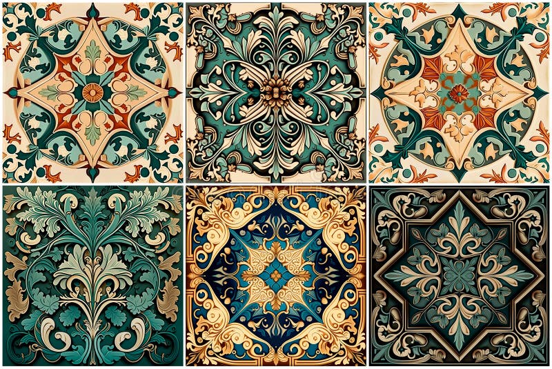 Teal and Gold Arts and Crafts Movement Style Square Tile Pattern ...