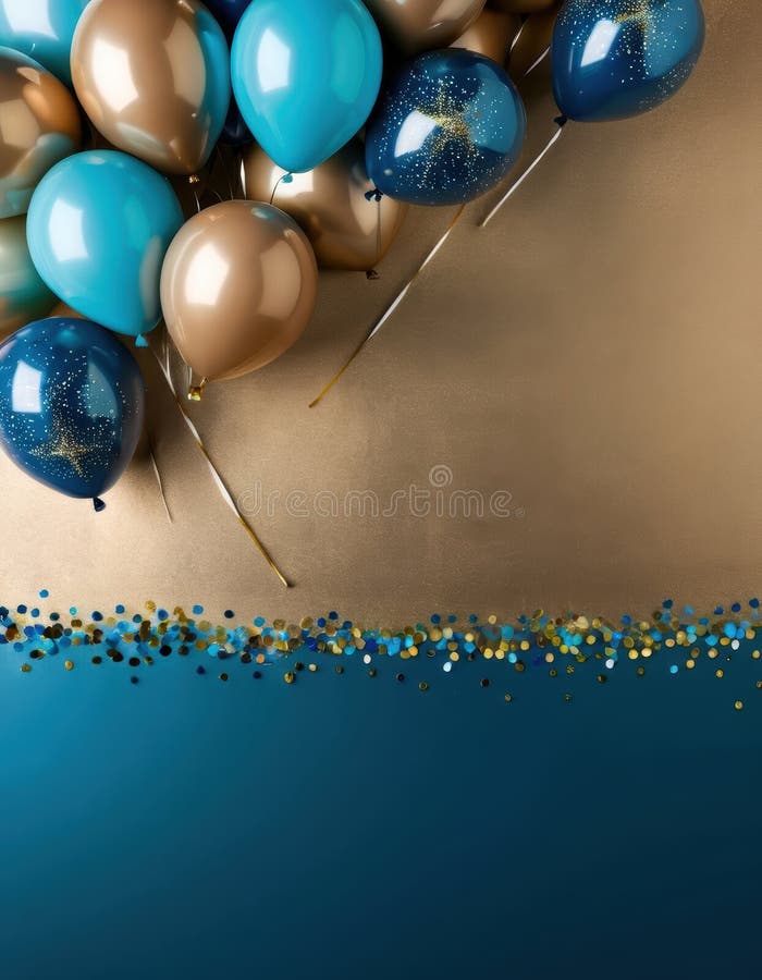 Teal and Gold Balloons with Confetti with Copy Space Stock Illustration ...
