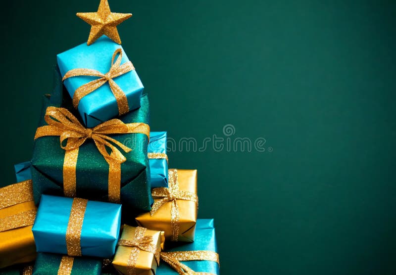 Teal and Gold Christmas Gift Tree Stack Presents High Quality Image ...