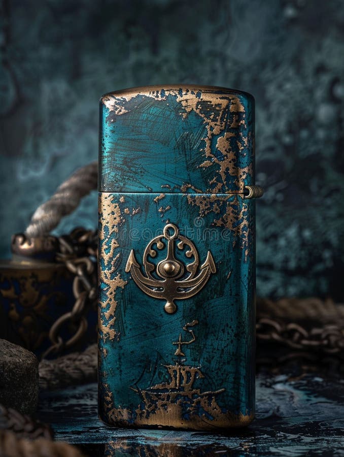 Teal and Gold Nautical Lighter with Anchor and Ship Design Stock ...